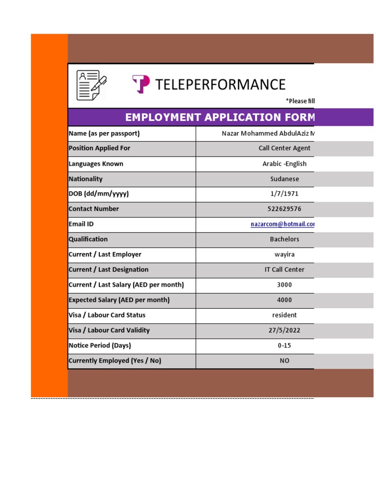 Teleperformance: Employment Application Form | PDF