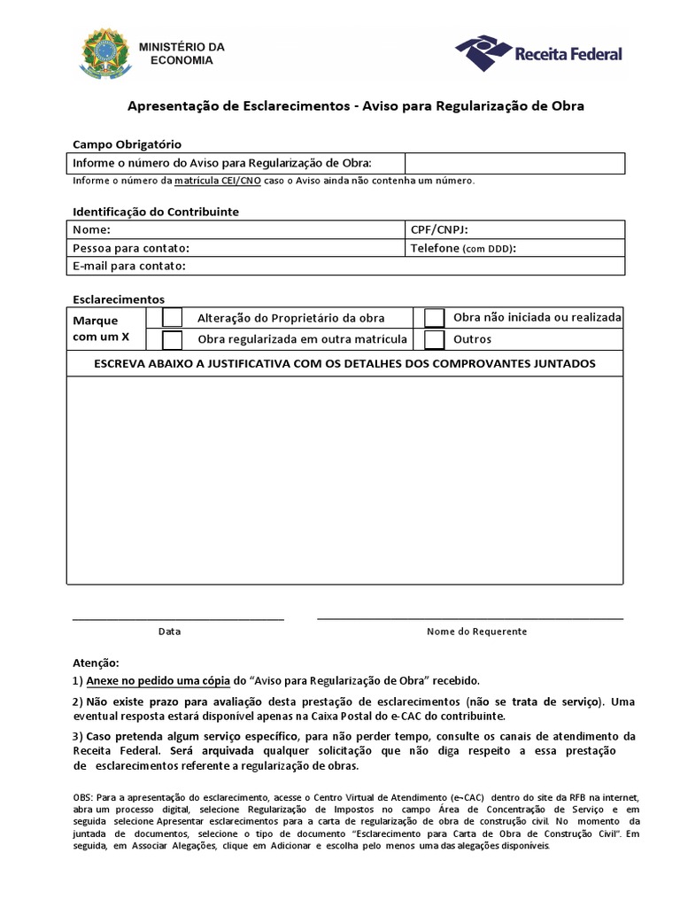 Formulario de Esclarecimentos Sobre Aviso para Regularizacao de Obra | PDF