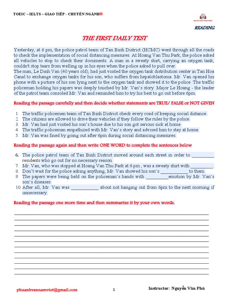 The First Daily Test: Reading The Passage Carefully and Then Decide ...