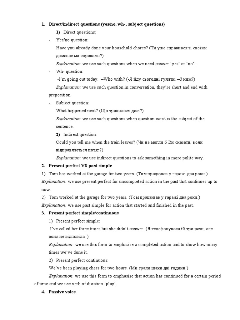 Direct/indirect Questions (Yes/no, WH-, Subject Questions) 1) Direct ...