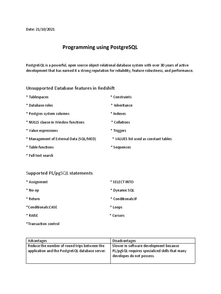 Programming Using Postgresql Unsupported Database Features In Redshift Pdf Postgre Sql 