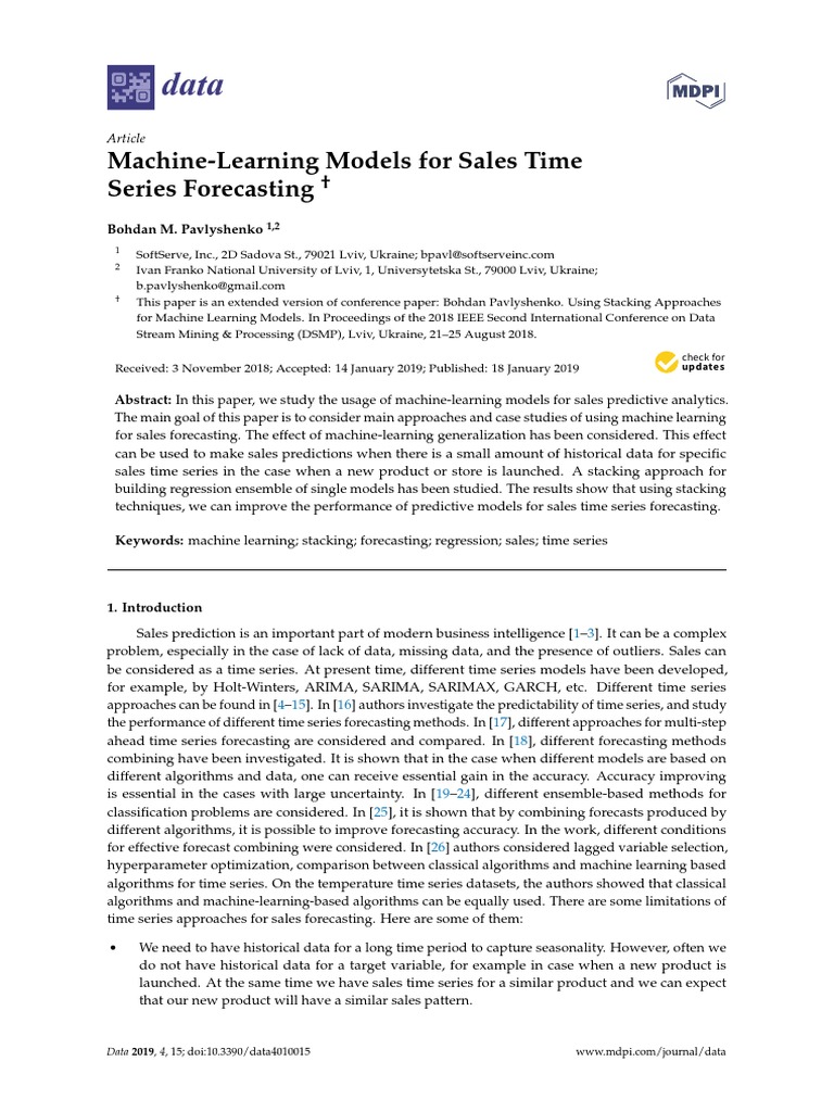 Pavlyshenko (2019) Machine-Learning Models For Sales Time Series Forecasting. Data-04-00015-V2 | PDF