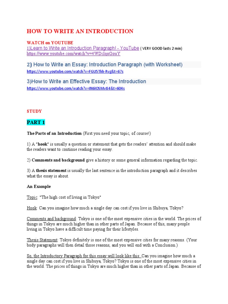 2) How To Write An Essay: Introduction Paragraph (With Worksheet) | PDF ...