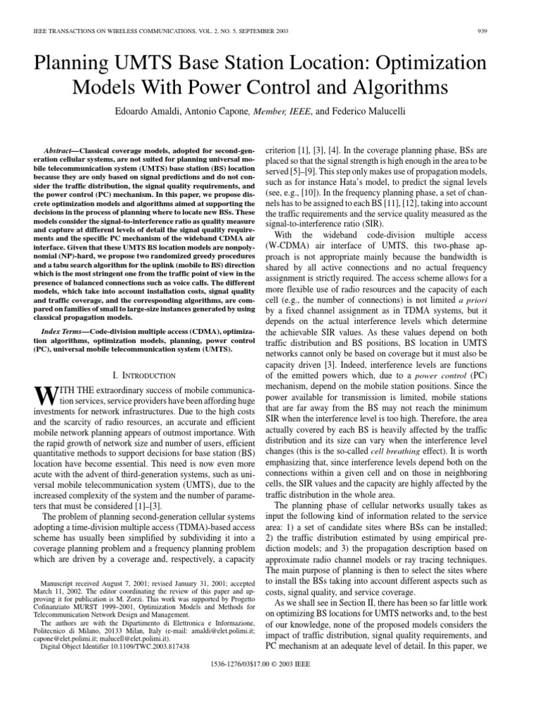 Planning UMTS Base Station Location: Optimization Models With Power Control and Algorithms | PDF ...