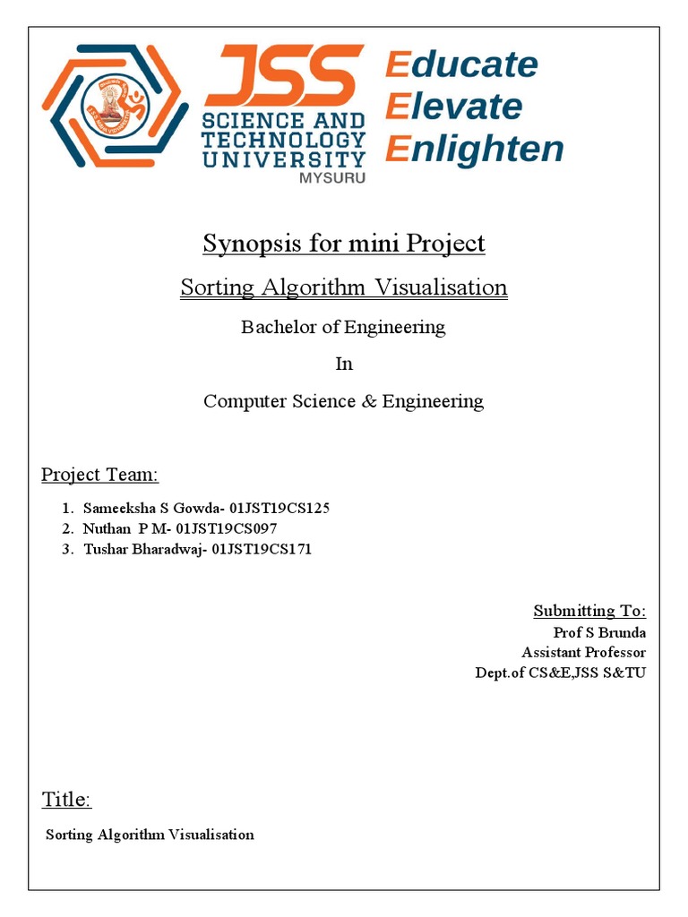 Synopsis For Mini Project: Sorting Algorithm Visualisation | PDF
