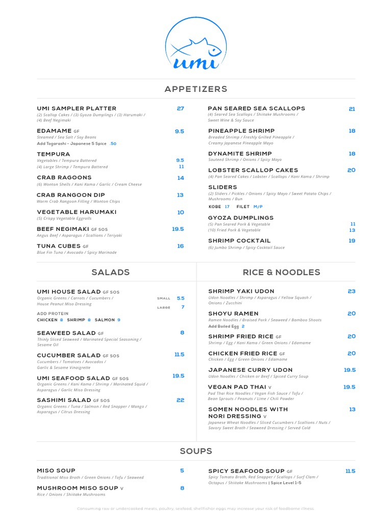 Umi Restaurant Menu | Download Free PDF | Sushi | Salad
