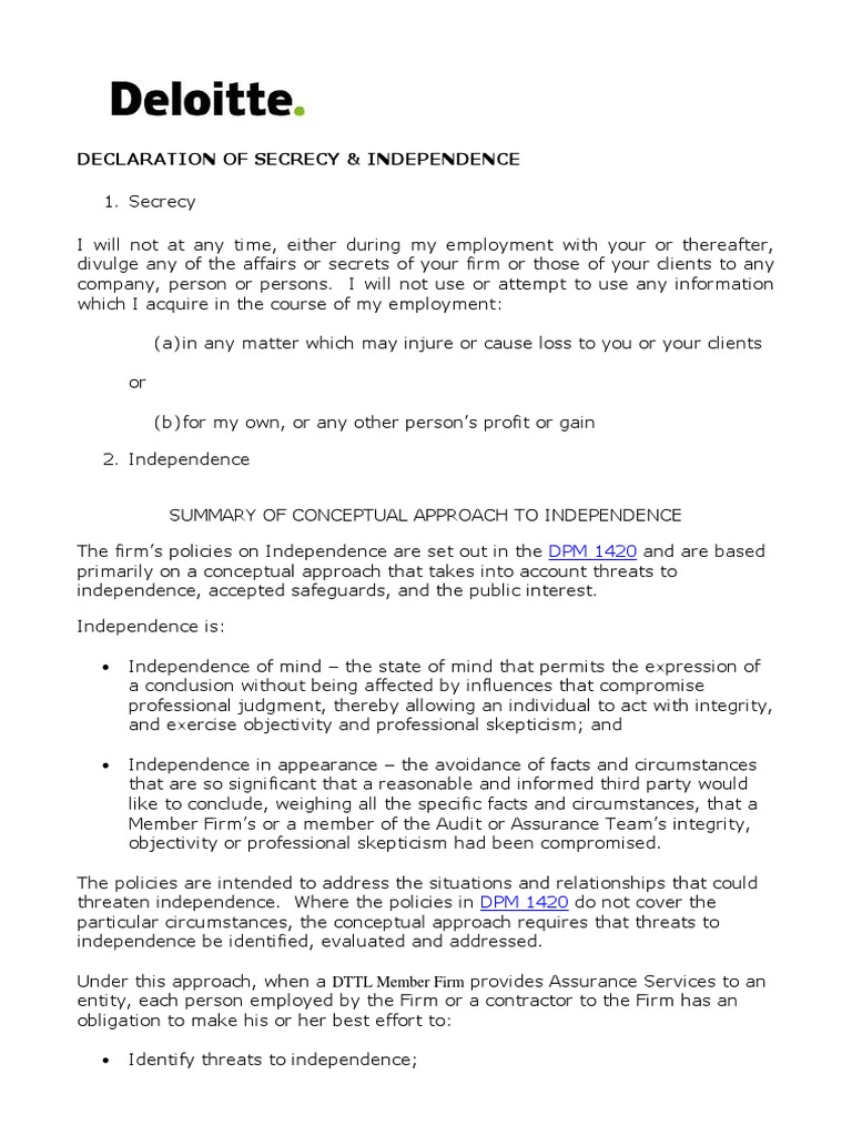 Declaration of Secrecy & Independence: DTTL Member Firm | PDF ...