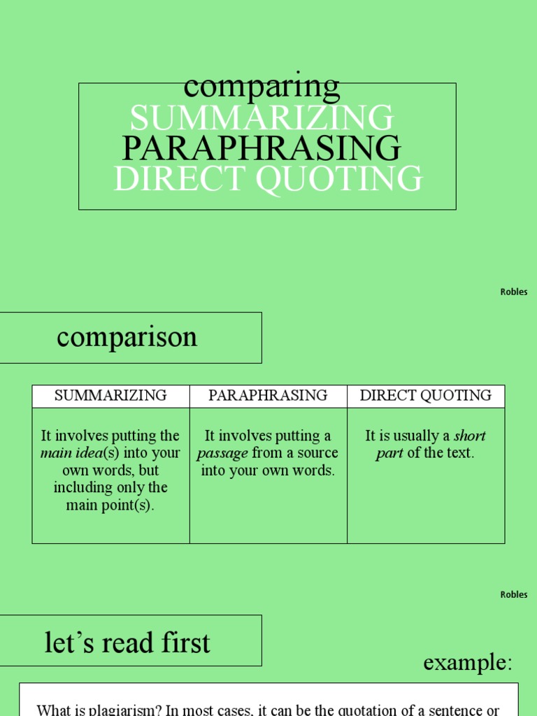 Paraphrasing Comparing: Summarizing Direct Quoting | PDF | Plagiarism ...