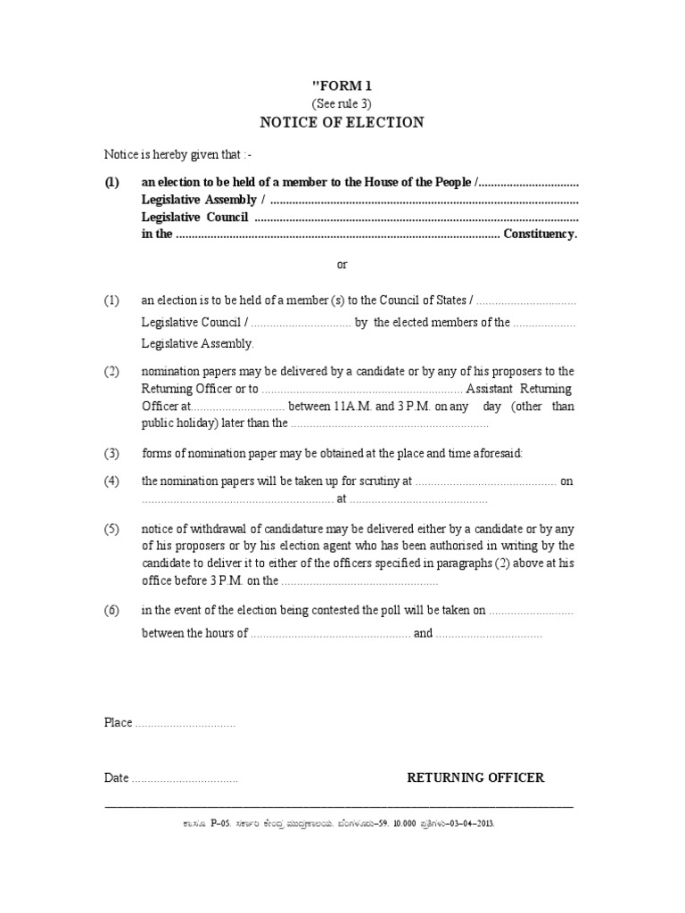 Notice of Election: "Form 1 | PDF | Elections | Government