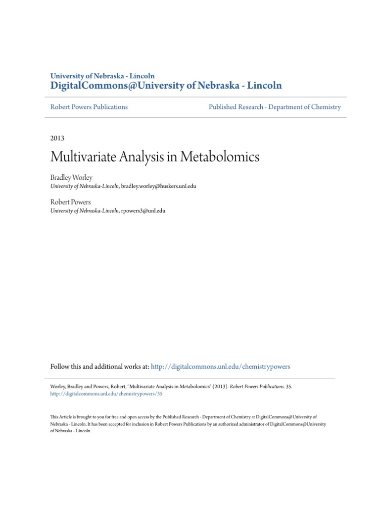 Multivariate Analysis in Metabolomics: Digitalcommons@University of ...