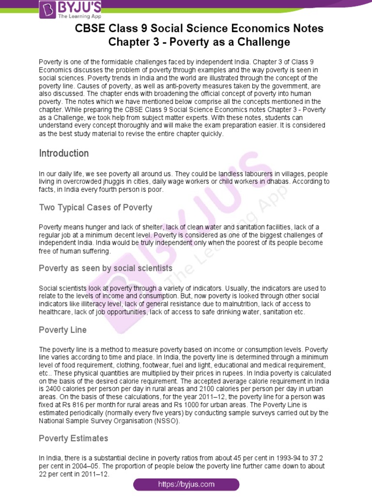 CBSE Class 9 Social Science Economics Notes Chapter 3 Poverty As A ...