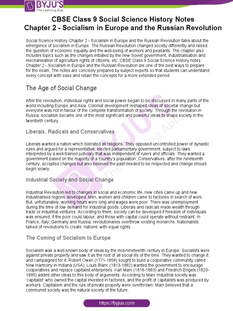 CBSE Class 9 Social Science History Notes Chapter 2 Socialism in Europe ...