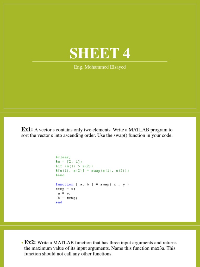 Sheet 4: Eng. Mohammed Elsayed | PDF | Function (Mathematics) | Matlab