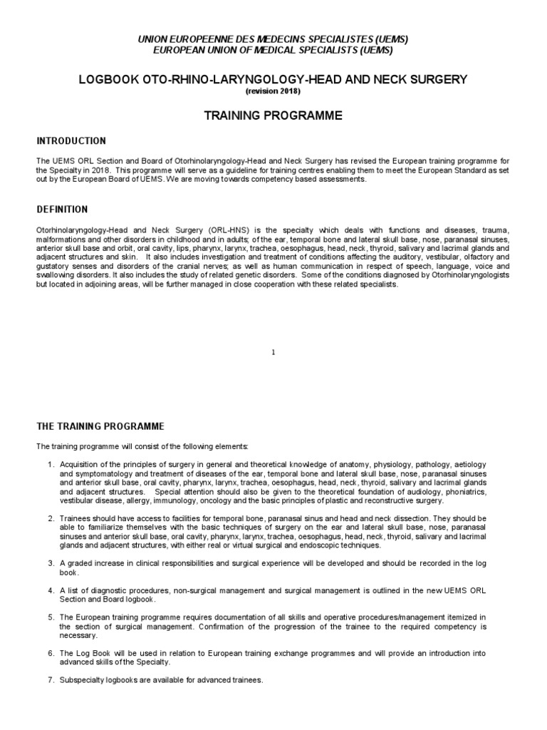 Logbook Oto-Rhino-Laryngology-Head and Neck Surgery Training Programme ...