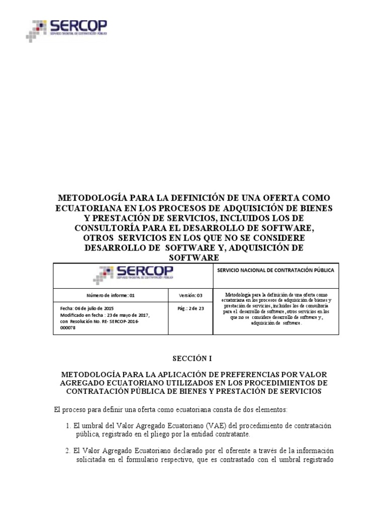 Metodologia de Declaracion de VAE Unificada SERCOP 1 | PDF | Software | Oferta (economía)