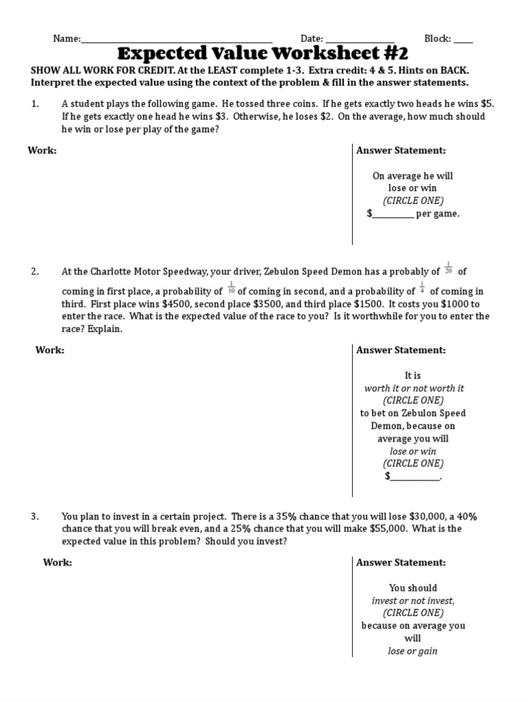 Expected Value Worksheet #2 | PDF