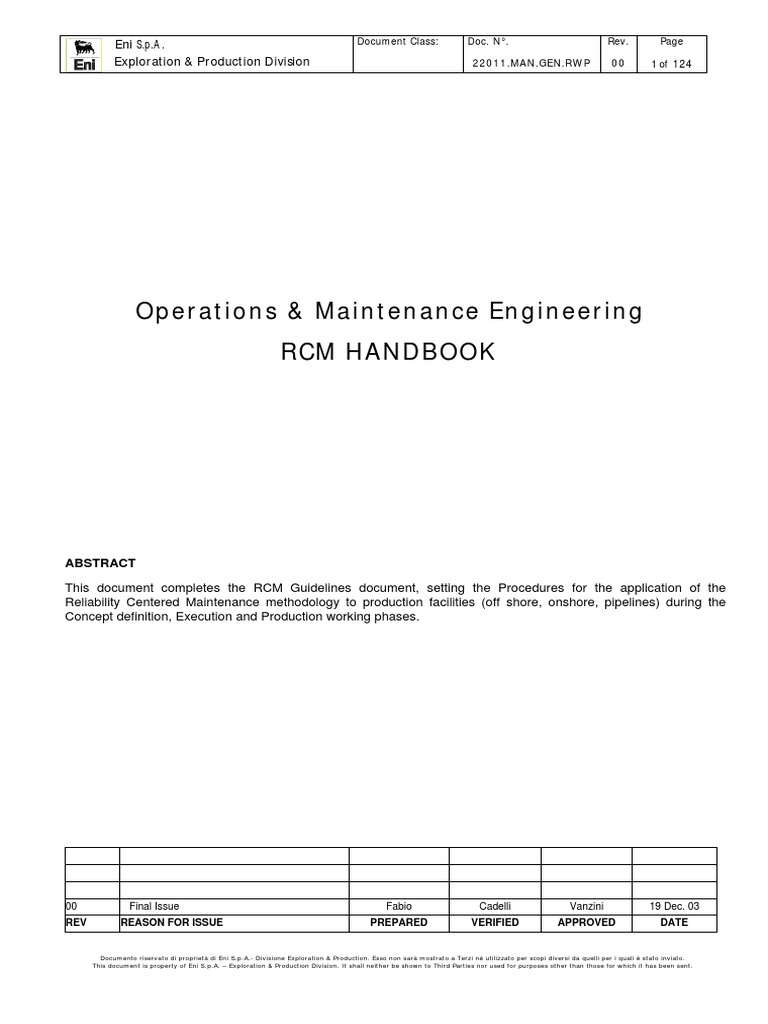 Operations & Maintenance Engineering RCM Handbook: Eni S.p.A. Exploration & Production Division ...