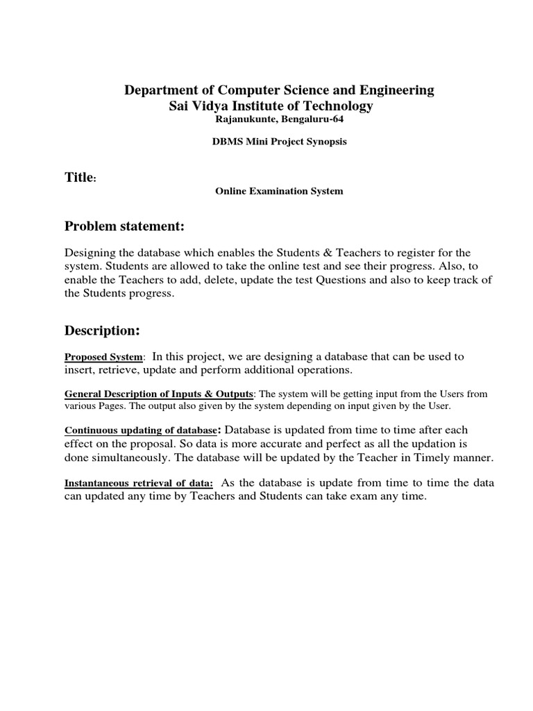 Mini Project Synopsis DBMS Jaytheertha | PDF | Databases | Computer Science