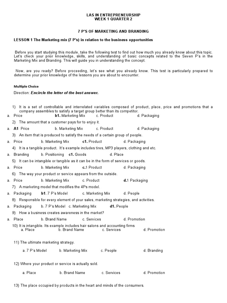 Las in Entrepreneurship Week 1 Quarter 2 | PDF | Marketing | Brand
