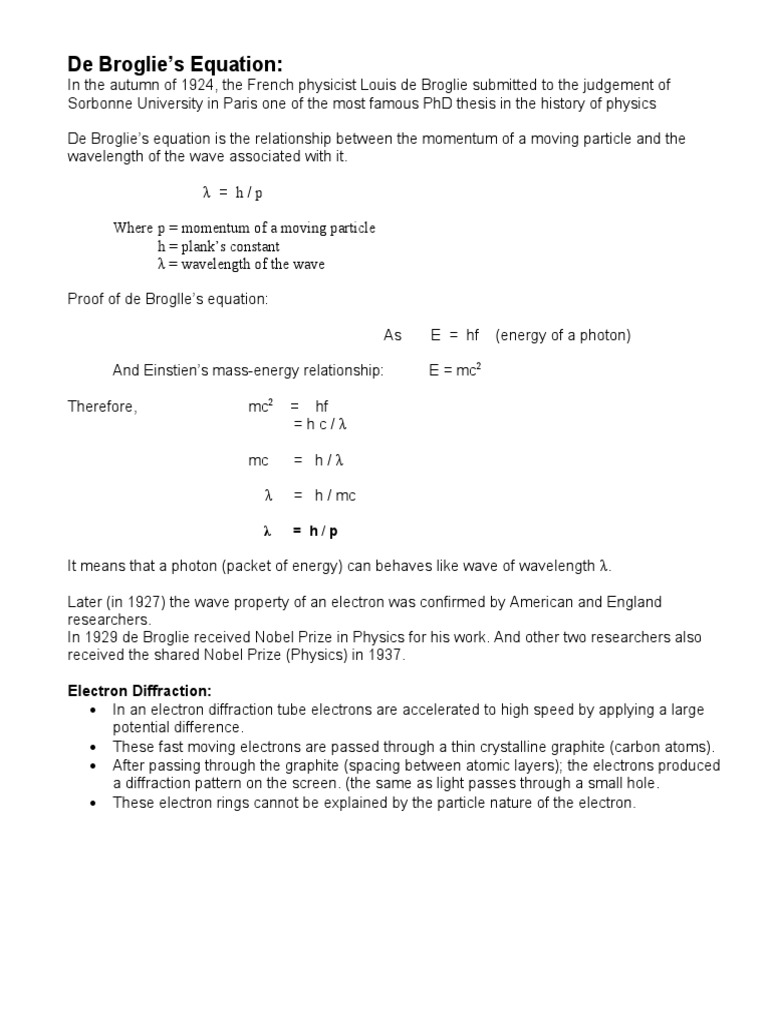 De Broglie's Equation:: Electron Diffraction | PDF | Diffraction | Wavelength