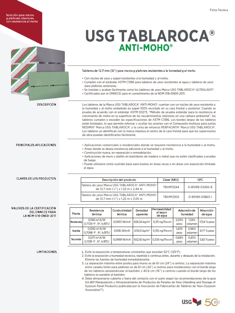 FT Tablaroca Anti-Moho 2020 | PDF | Paneles de yeso | Ingeniería de Edificación
