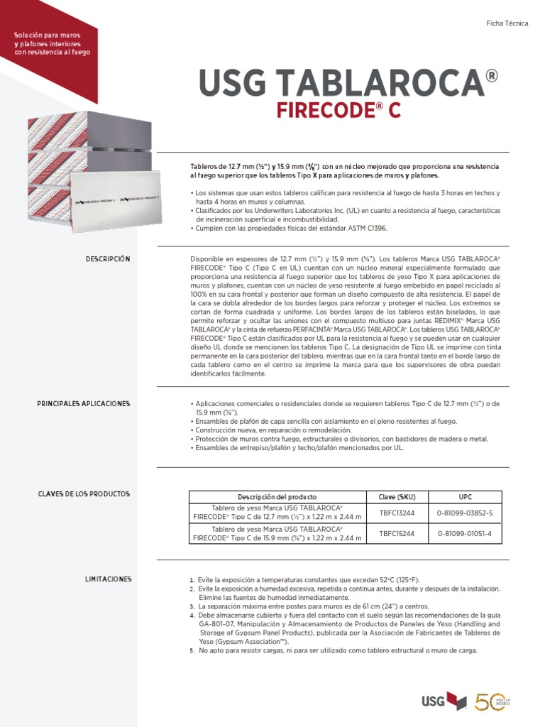 FT - Usg Tablaroca Firecode C - 2020 | PDF | Paneles de yeso | Materiales