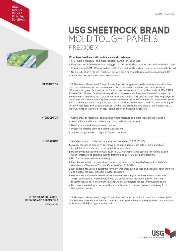 Usg Sheetrock® Brand Mold Tough® Firecode® X | PDF | Drywall | Materials
