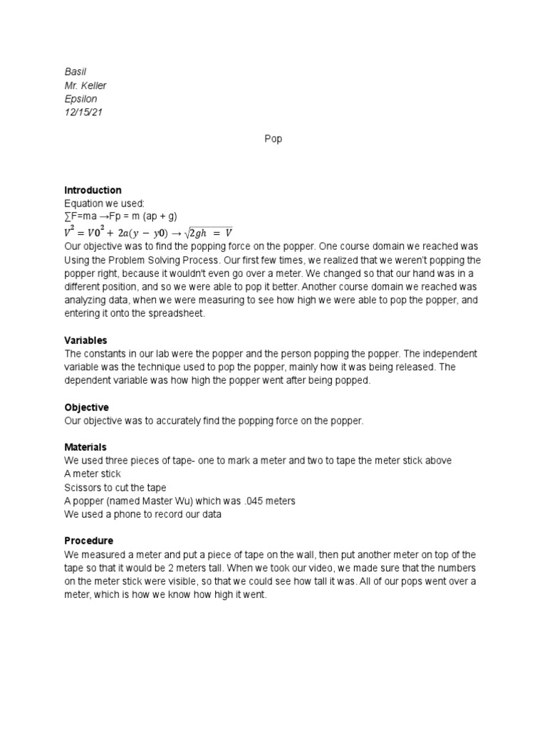 Basil Mann - Popper Lab | PDF | Experiment | Force