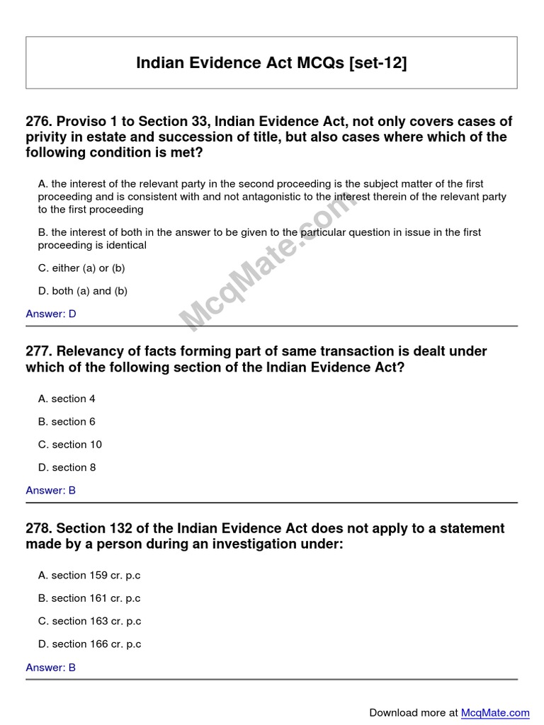 Indian Evidence Act MCQs Set 12 | PDF | Damages | Evidence