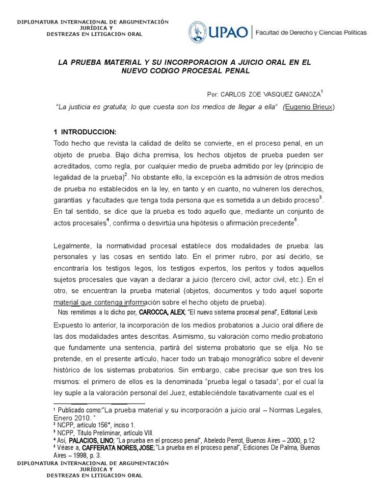 La Prueba Material y Su Incorporacion Al Juicio Oral | PDF | Evidencia ...