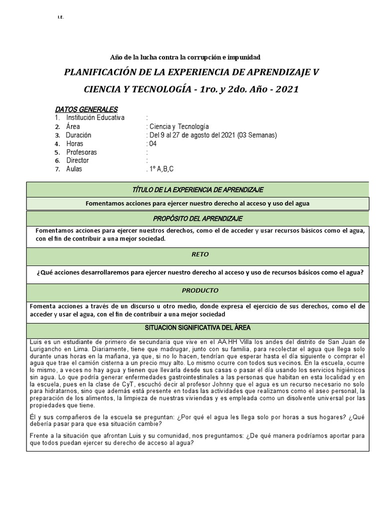 1° y 2° Sec. PLANIFICADOR DE LA EDA 5 | PDF | Agua | Aprendizaje