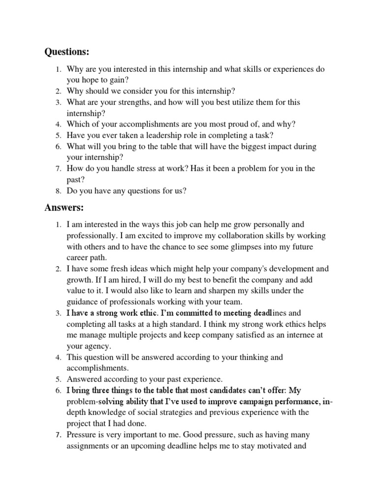 Internship Questions and Answers | PDF