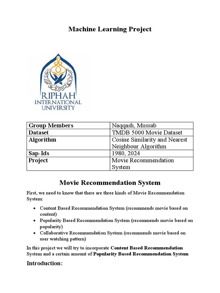 Movie Recommendation System Using ML | PDF | Learning | Intelligence ...