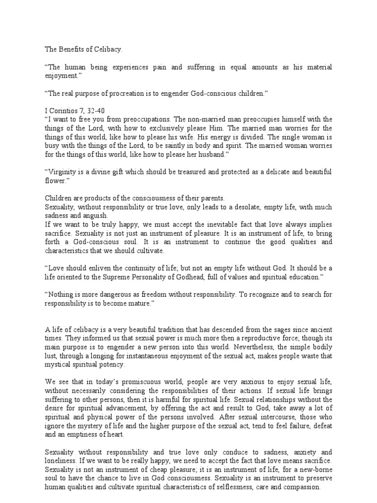 The Benefits of Celibacy | Celibacy | Human Sexuality