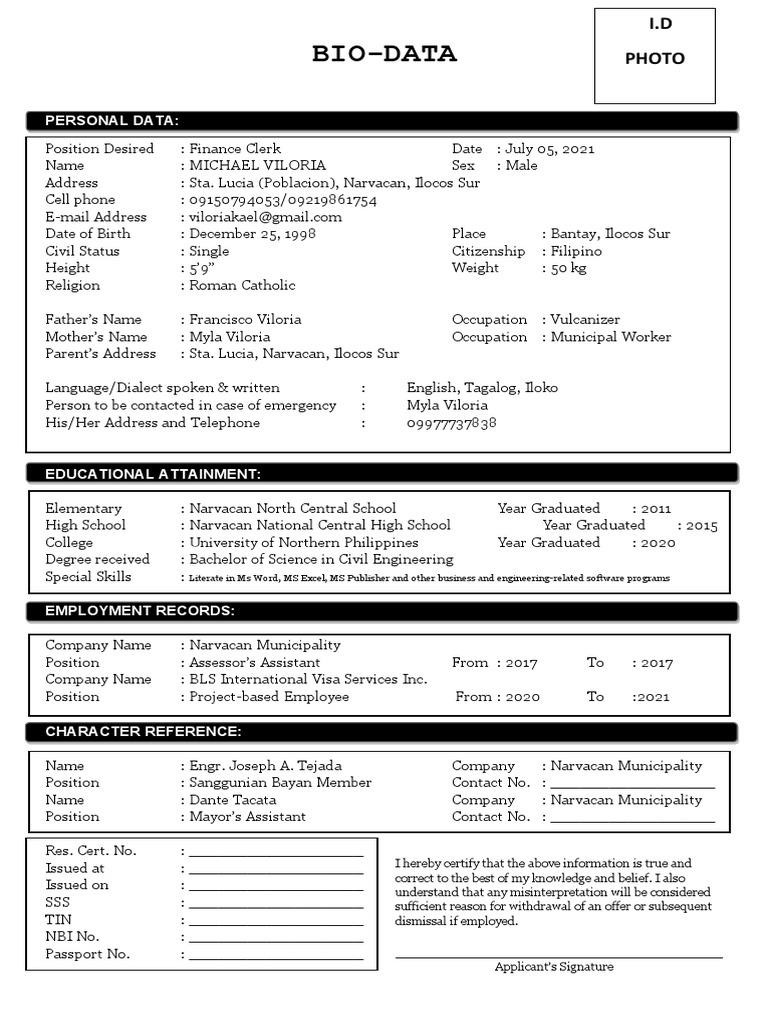 Biodata Template | PDF