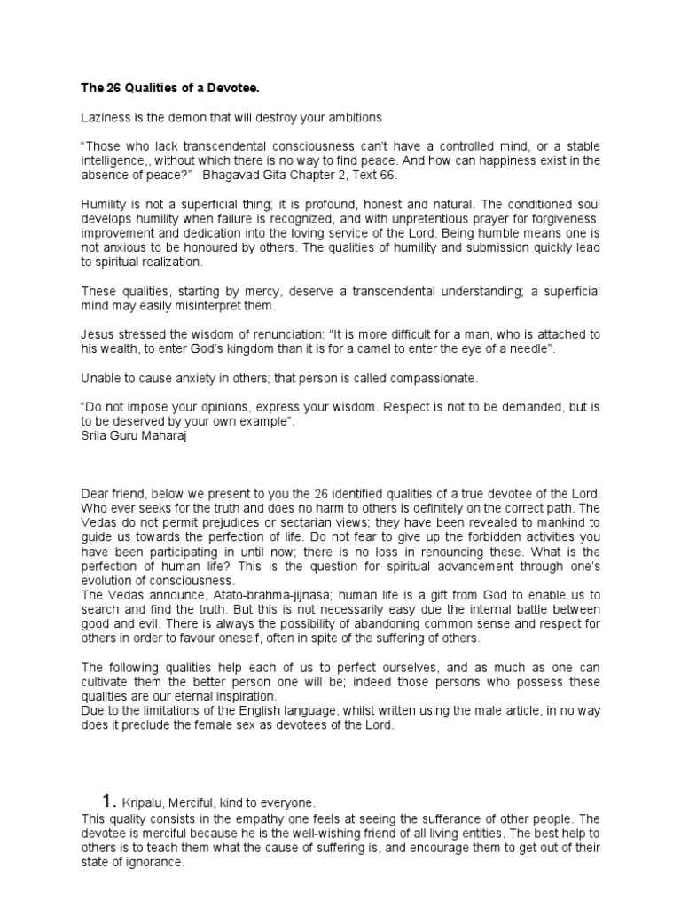 The 26 Qualities of A Devotee | PDF | Humility | Compassion