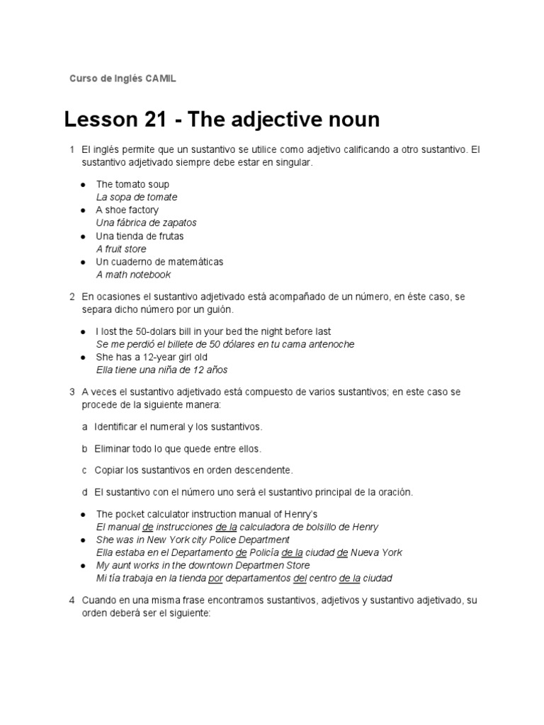 Lesson 21 - The Adjective Noun | PDF | Sustantivo | Adjetivo