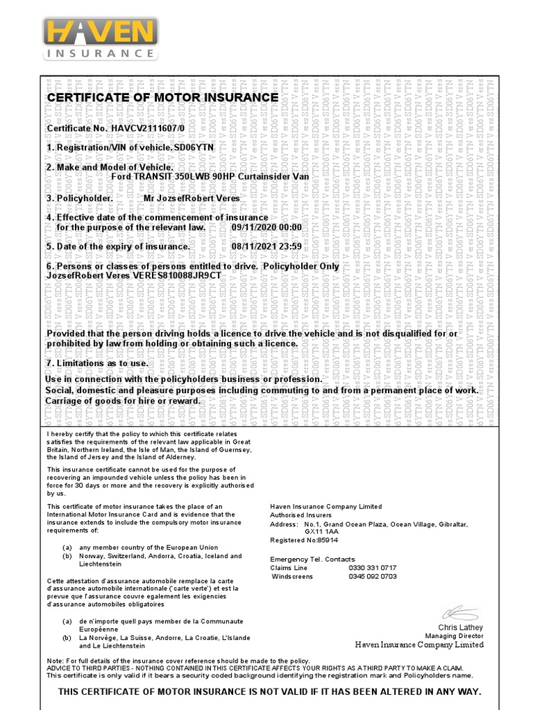 Certificate of Motor Insurance: Emergency Tel. Contacts | PDF | Vehicle ...