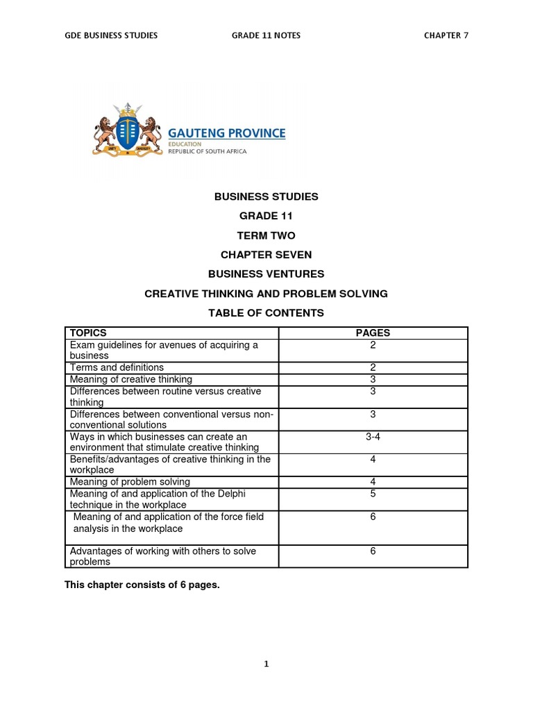 Business Studies Grade 11 Term Two Chapter Seven Business Ventures ...