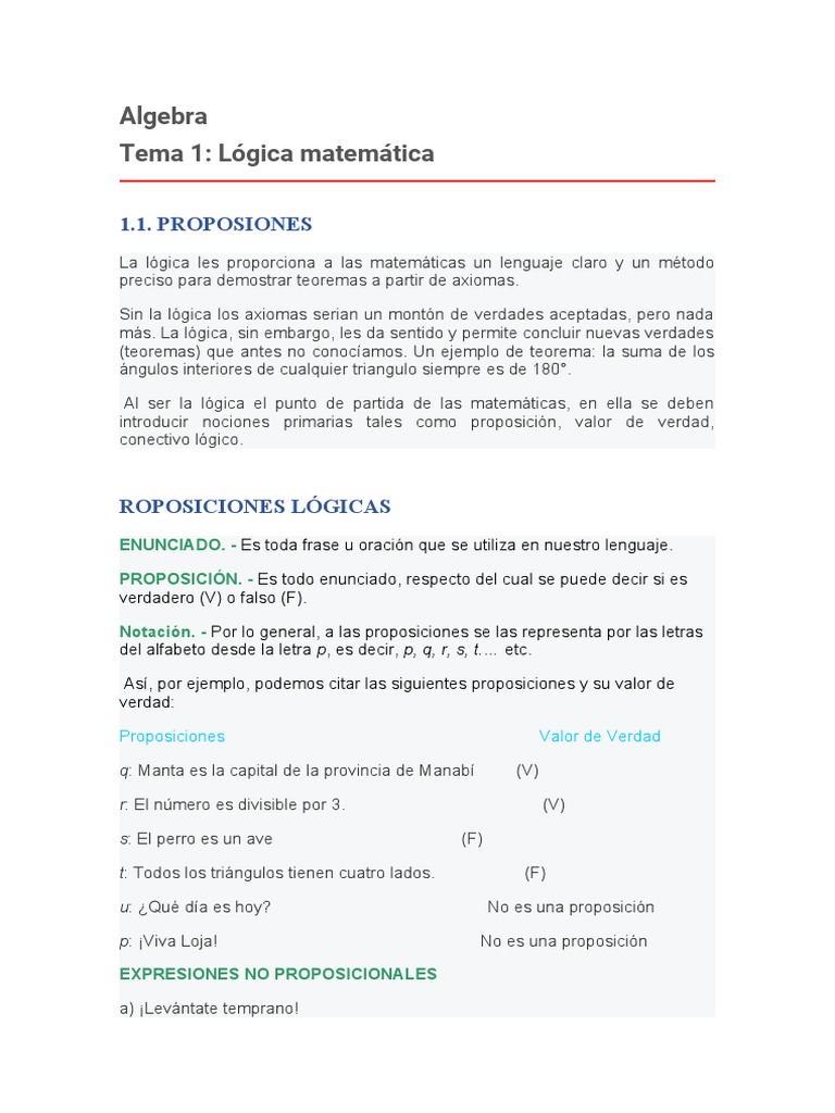Algebra - Tema1 Lógica Matemática | PDF | Proposición | Interpretación ...