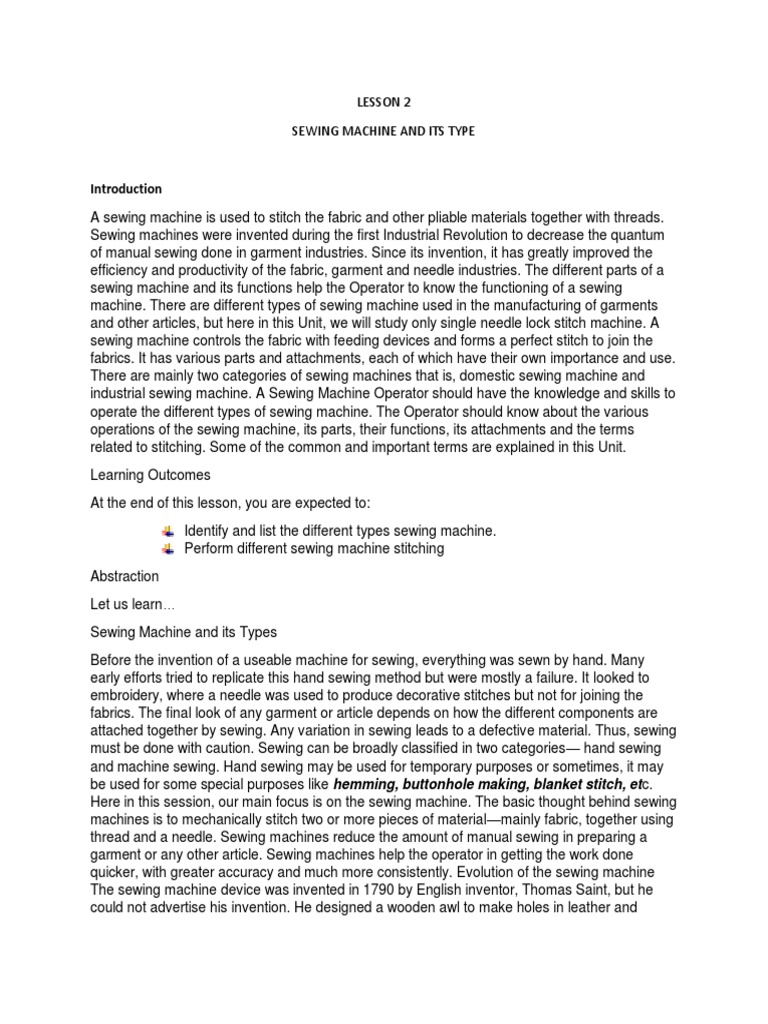 LESSON 2 Clothing Construction File | PDF | Sewing Machine | Sewing