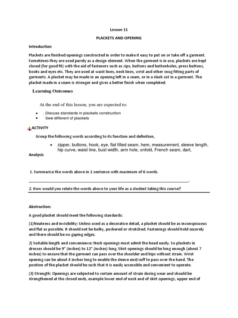 Lesson 11 Placket and Opening | PDF | Seam (Sewing) | Sewing