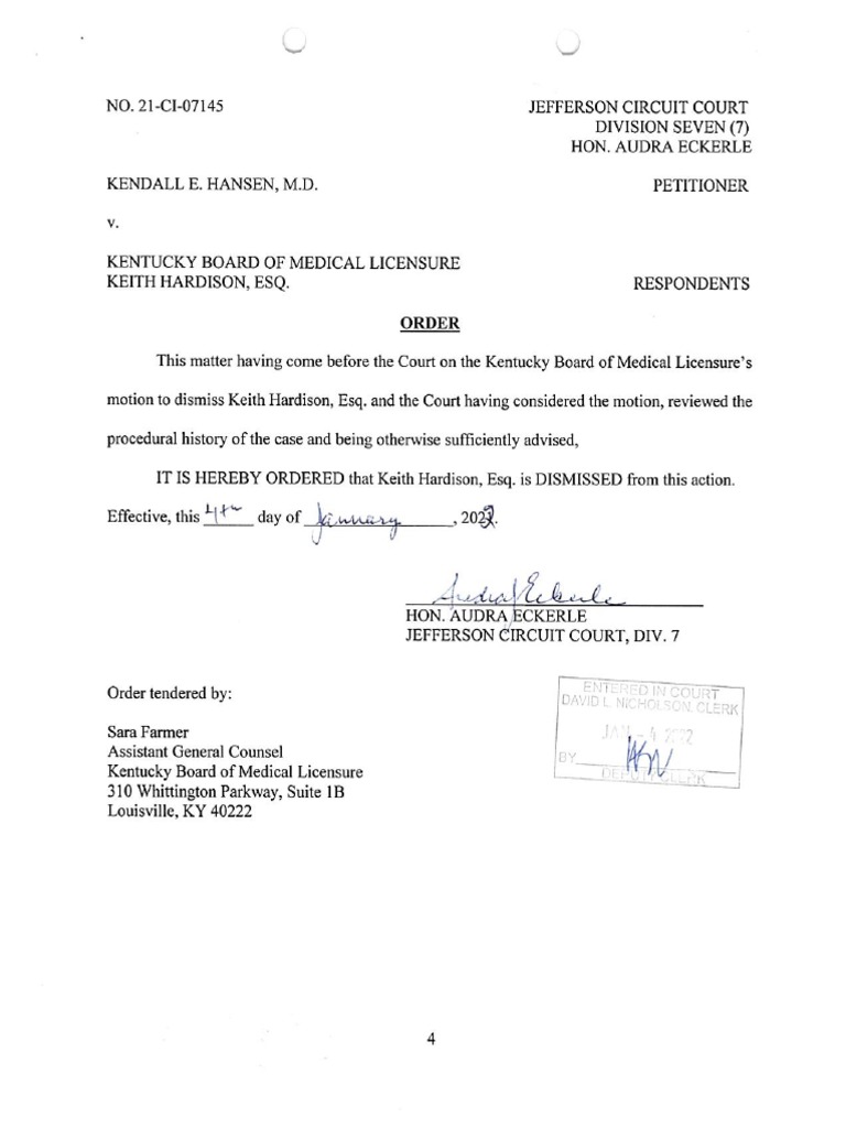 Kendall E. Hansen vs. Kentucky Board of Medical Licensure Keith ...