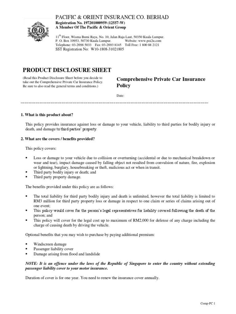Product Disclosure Sheet: Pacific & Orient Insurance Co. Berhad | PDF ...