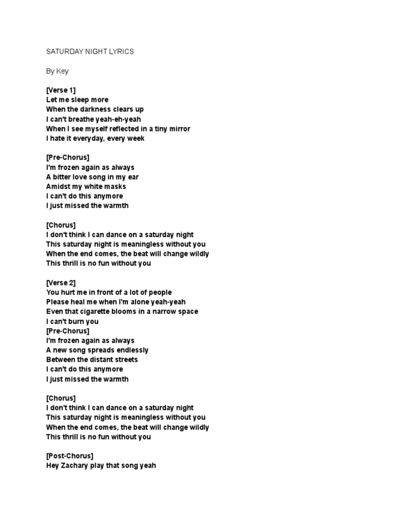 Saturday Night Without You Lyrics | PDF | Song Structure | Vocal Music