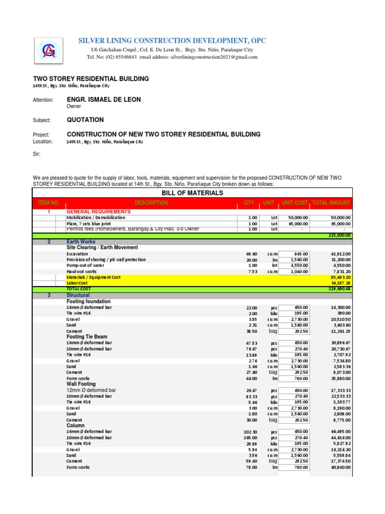 Two-Storey Residential Building Construction Quotation | PDF | Plumbing ...
