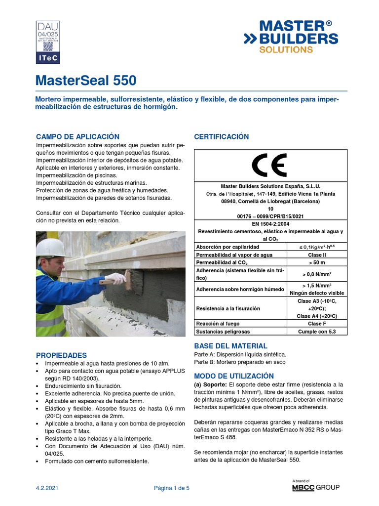 Masterseal 550 | PDF | Agua | Hormigón
