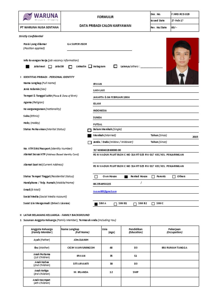 Form Data Pribadi Calon Karyawan (Application Data Form) | PDF