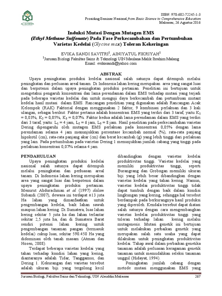 Induksi Mutasi Dengan Mutagen EMS Pada Fase Perkecambahan Dan Pertumbuhan Varietas Kedelai | PDF