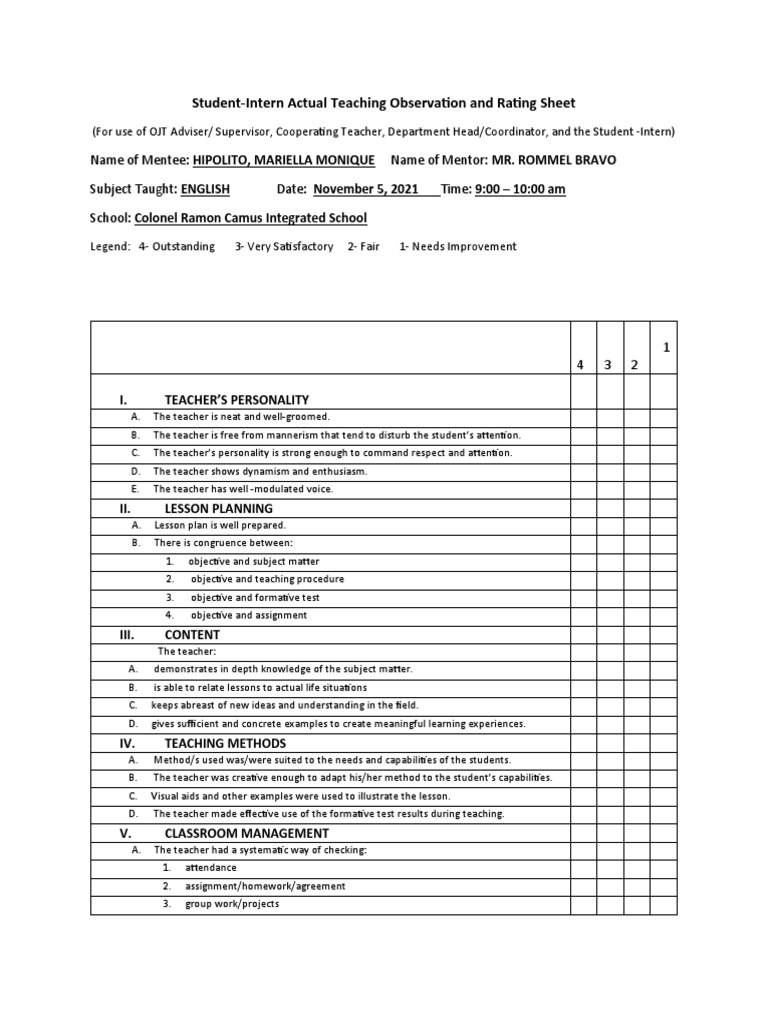 Student-Intern Teaching Observation Sheet | PDF | Teachers | Mentorship